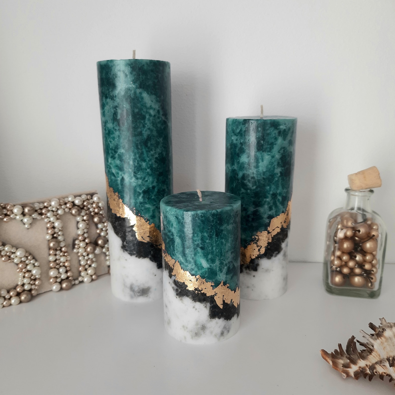 Teal Pillar Candles. Set of 3 Unique Candle. Unscented Candles With ...