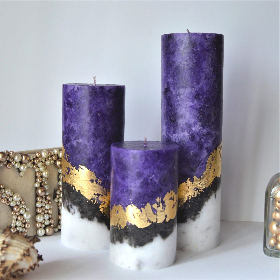 Dark Purple Pillar Candles. Luxury Candle Gift Set Set of 3 Unique ...