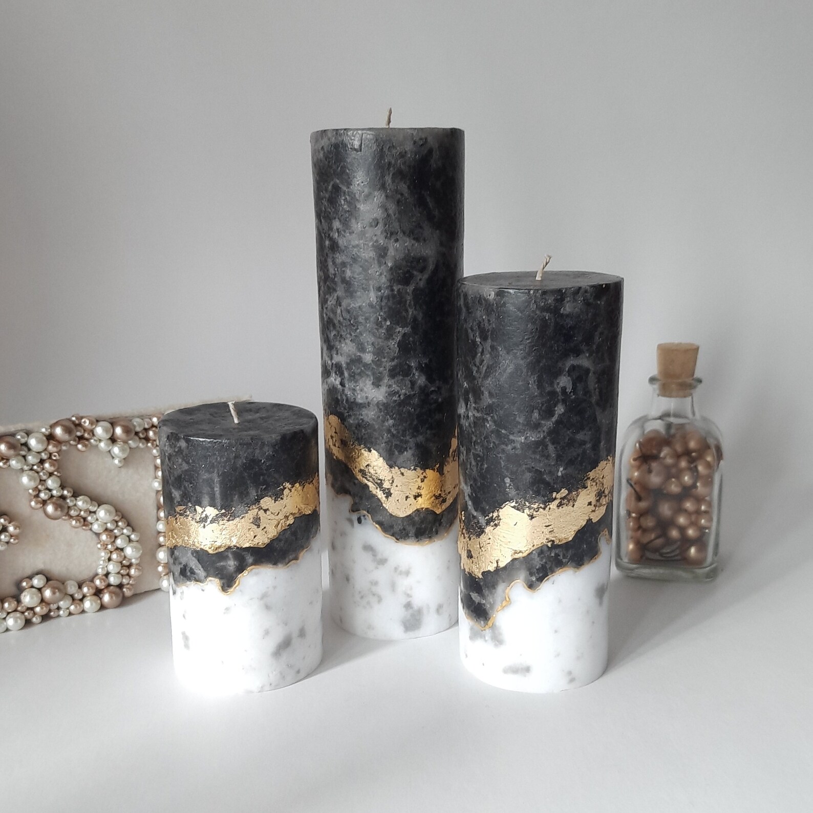 Black Gold Pillar Candles . Set Of3 Unscented Candles With Gold Decor ...