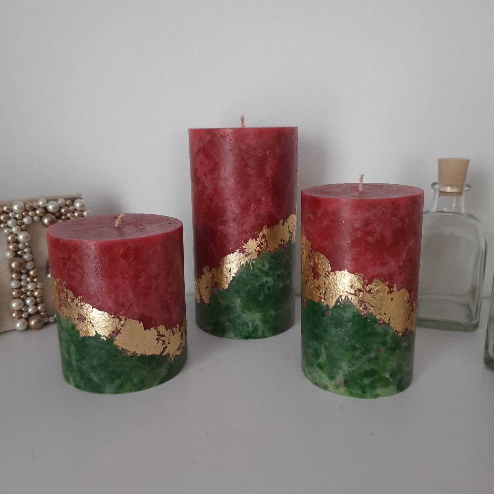 Red Green Gold Christmas Candles Pillar Candle Set of 3 - Etsy