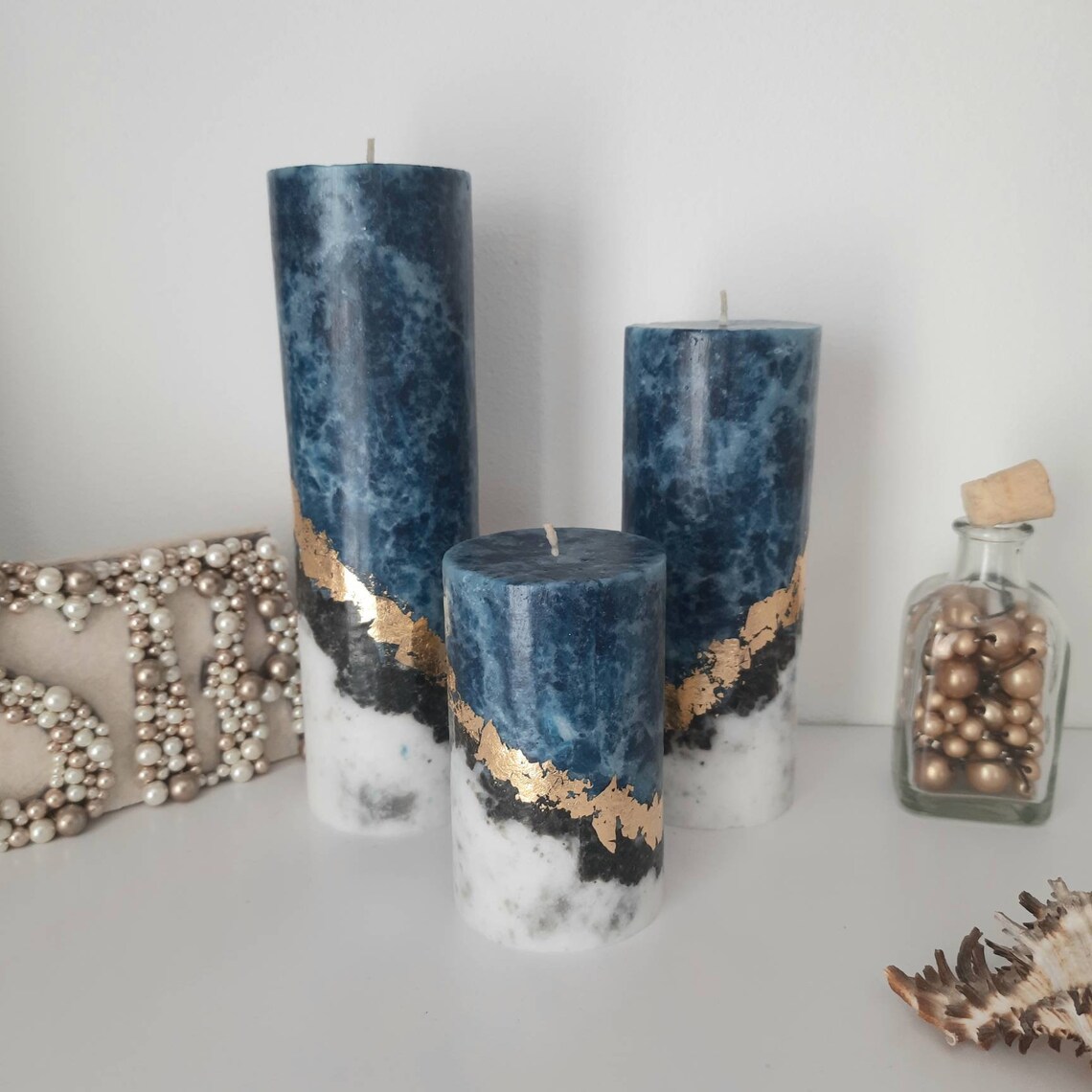 Navy Blue Pillar Candles. Set of 3 Unique Candle. Unscented Candles ...
