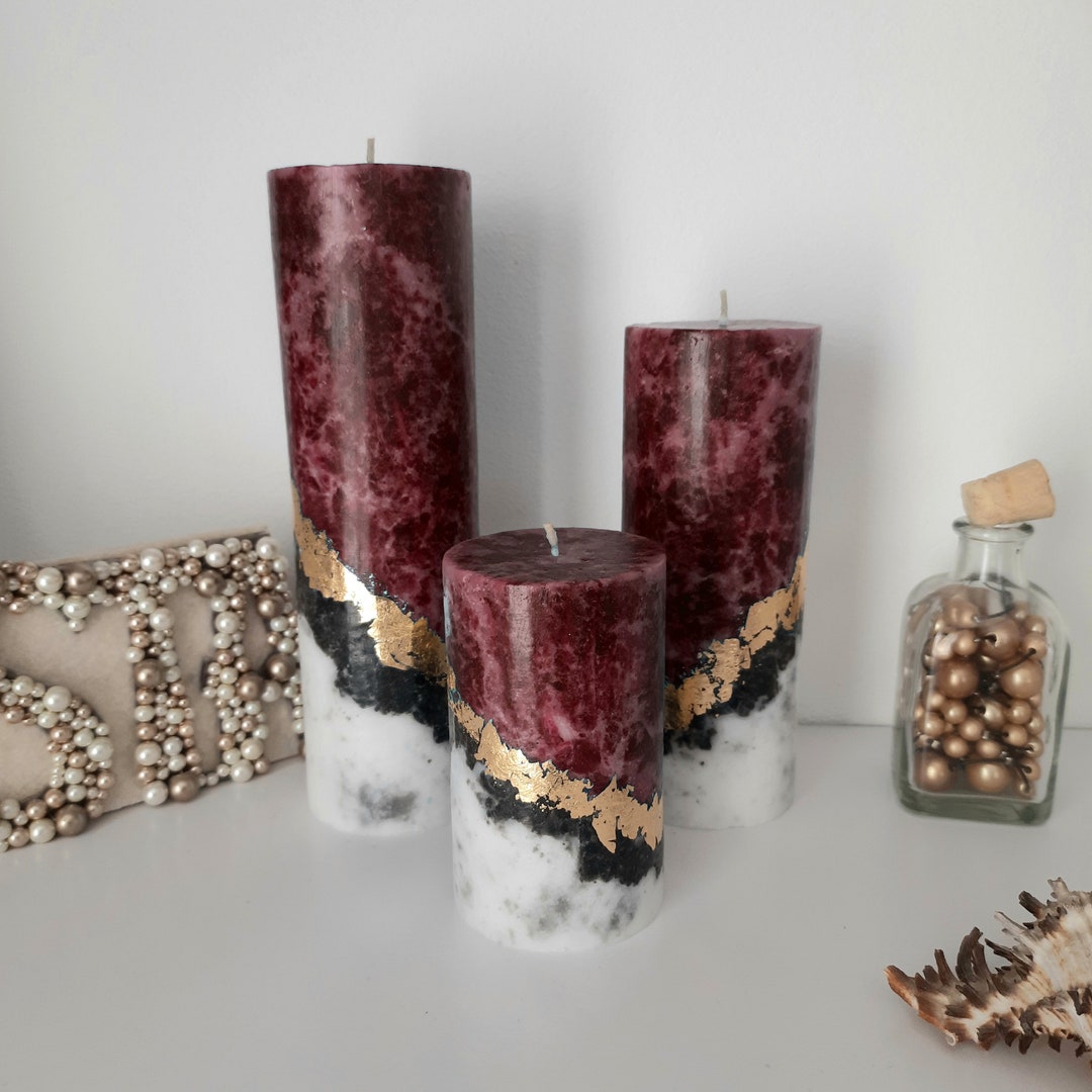 Burgundy Pillar Candles. Set of 3 Unique Candle. Decorative Candles ...