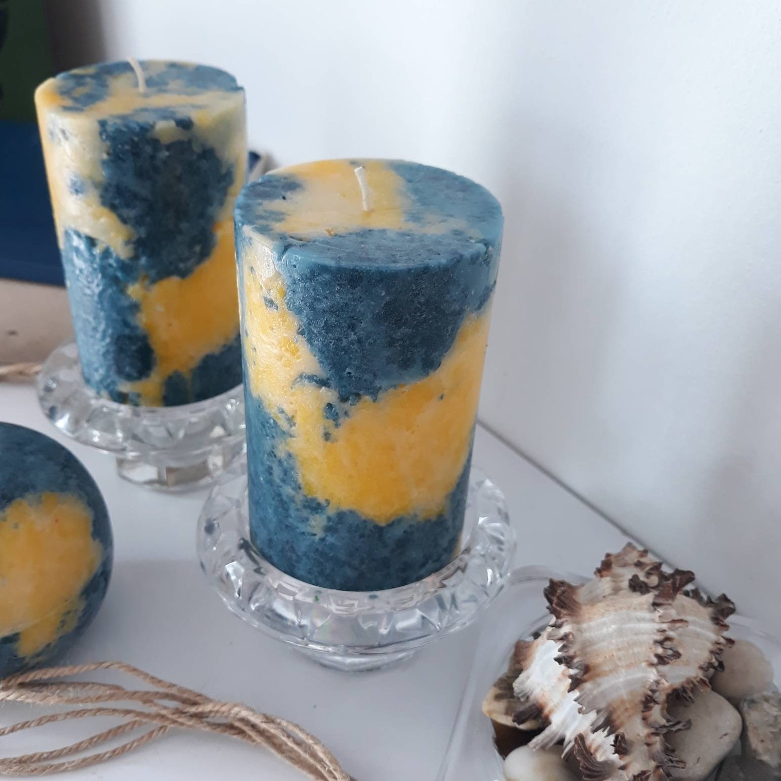 Dark Blue Yellow Decorative Candles Pillar candles Unique | Etsy