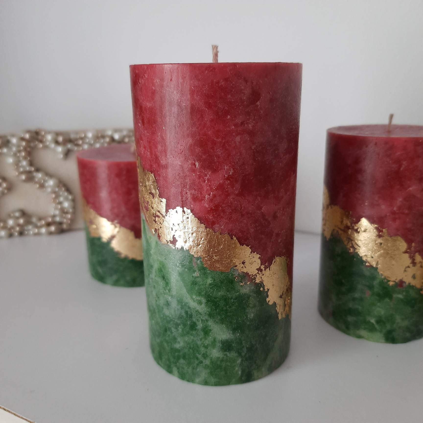 Red Green Gold Christmas Candles Pillar Candle Set of 3 - Etsy