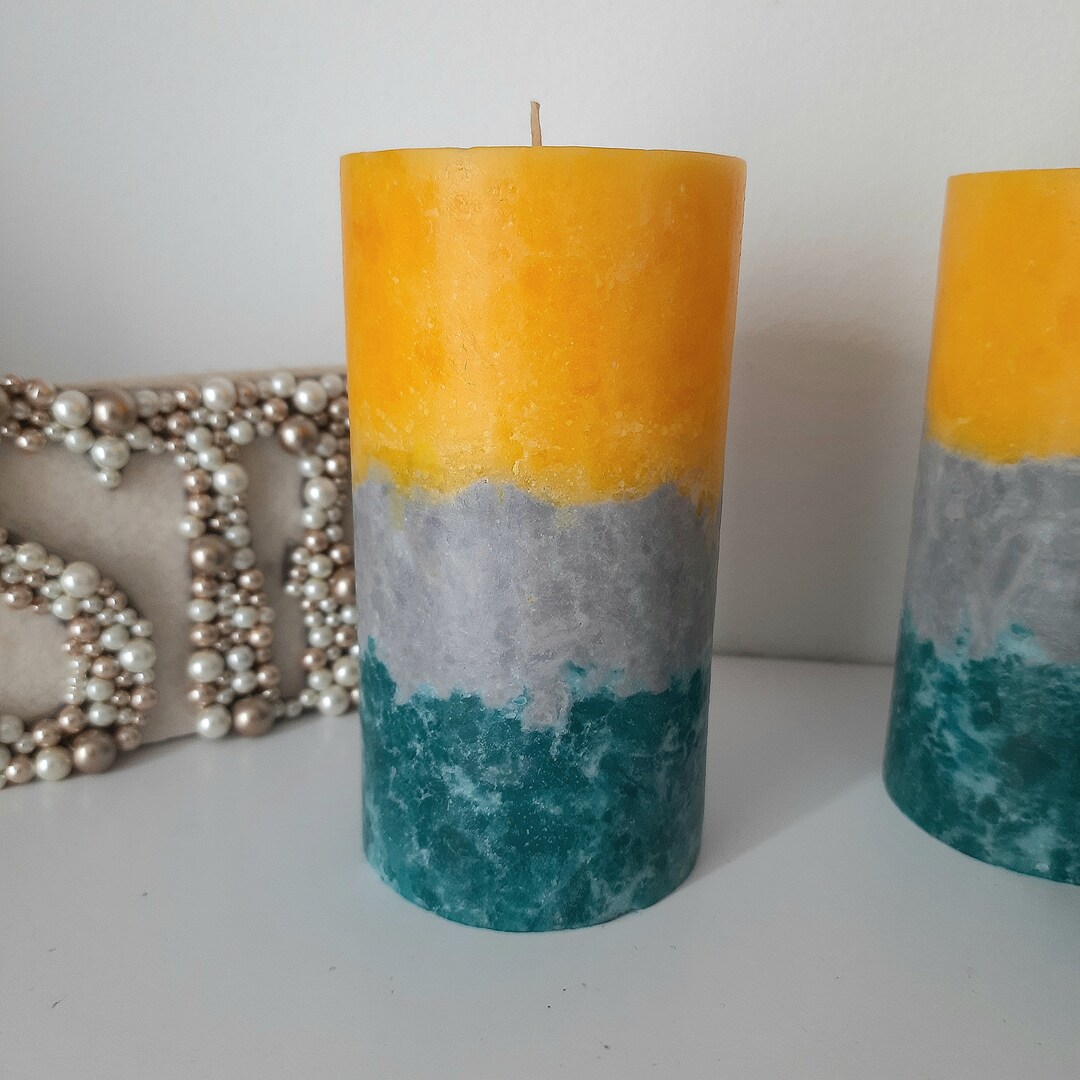 Teal Yellow Gray Pillar Candles. Layered Decorative Candles - Etsy