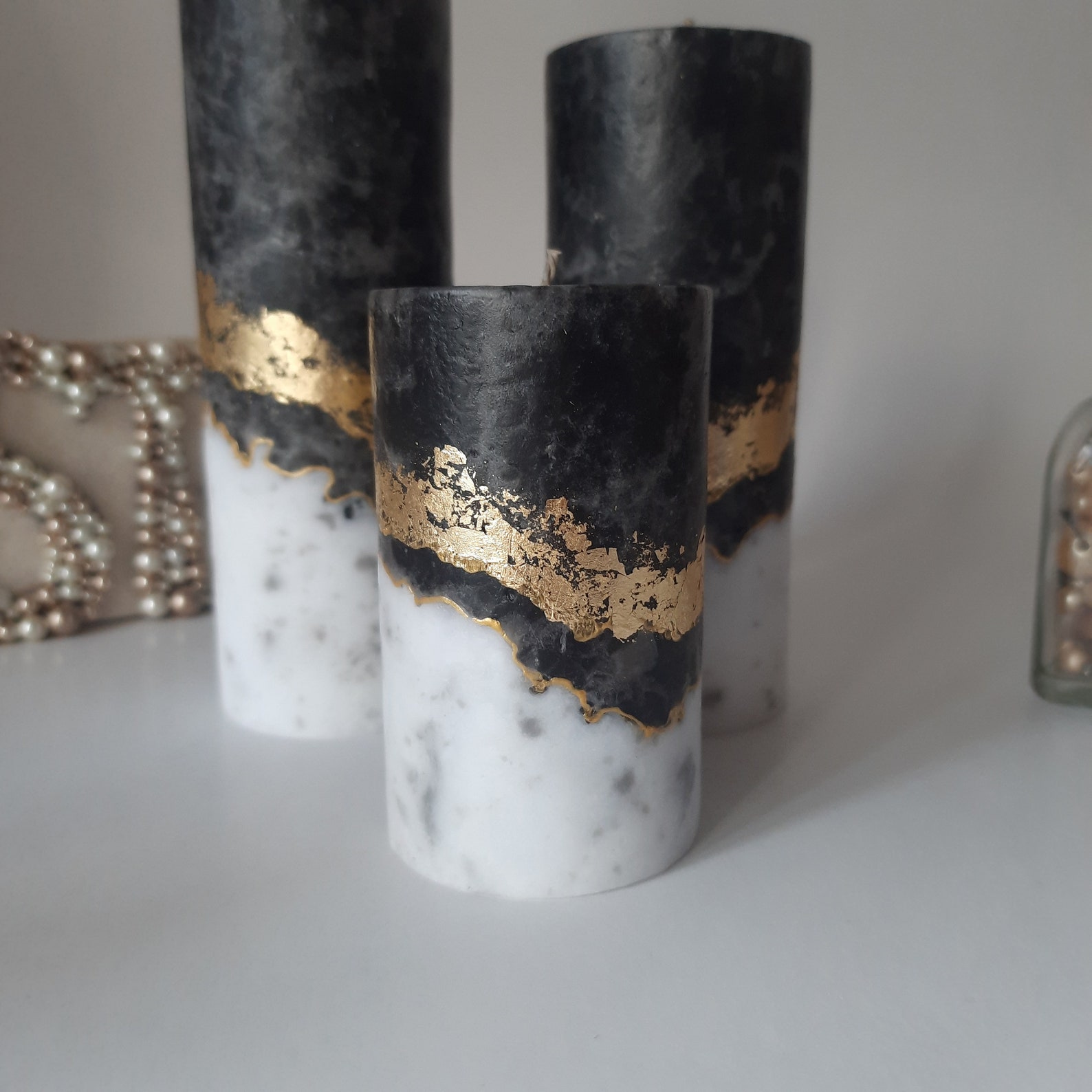 Black Gold Pillar Candles . Set Of3 Unscented Candles With Gold Decor ...
