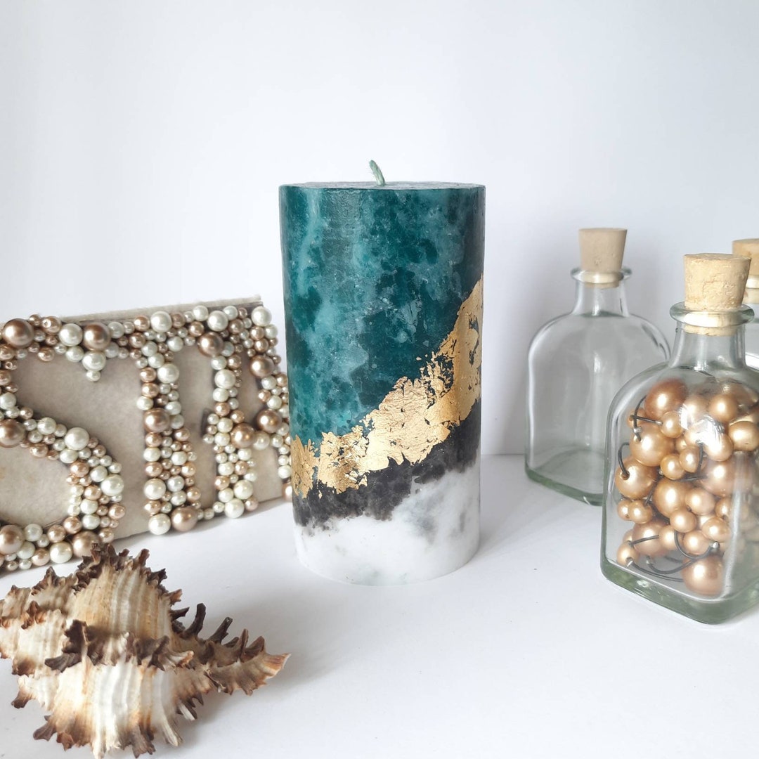Gold Teal Pillar Candles, Unique Candles for Teal Decor. Turquoise ...