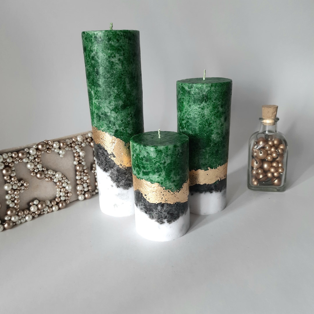 Emerald Green Pillar Candles. Set of 3 Unique Candle. Unscented Candles ...