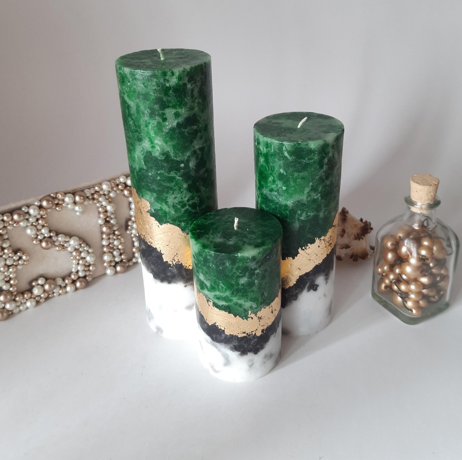 Emerald Green Pillar Candles. Set of 3 Unique Candle. Unscented Candles ...