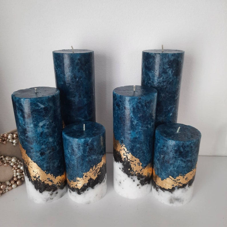 Navy Blue Pillar Candles. Set of 3 Unique Candle. Unscented Candles ...