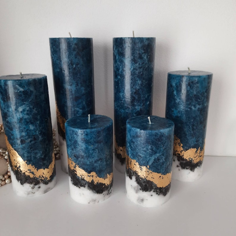 Navy Blue Pillar Candles. Set of 3 Unique Candle. Unscented Candles ...
