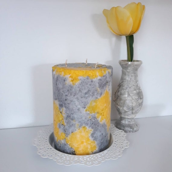 Big Yellow Gray Pillar Candle. Decorative Candle for Unusual | Etsy