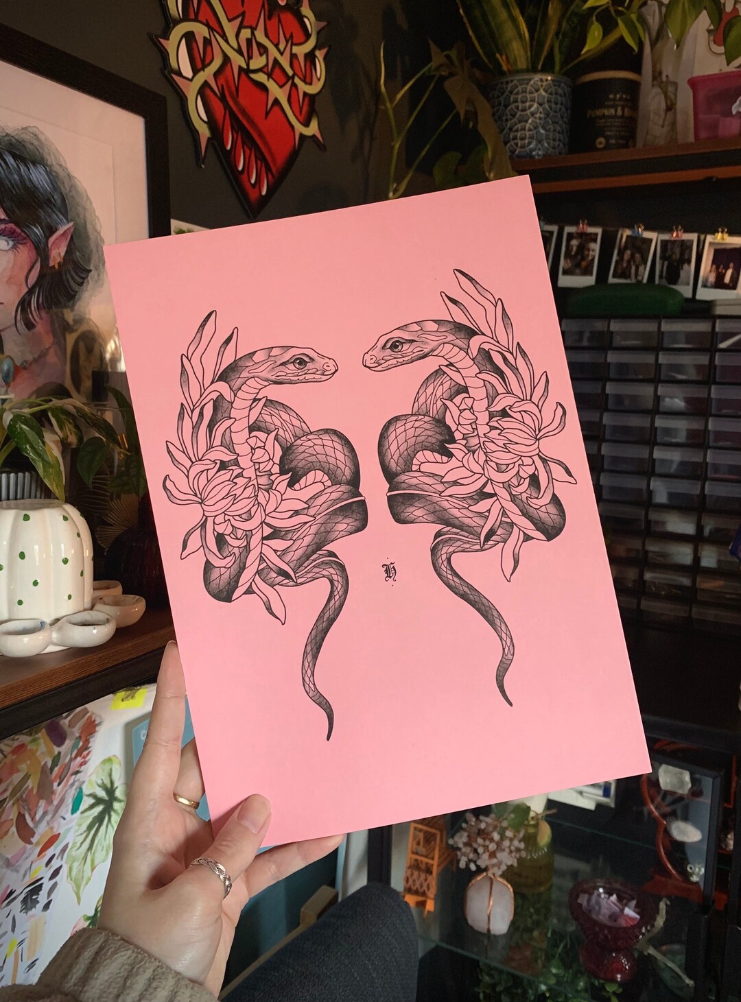 Snakes Print, Chrysanthemum, A4, Tattoo Print, Art Print, Traditional ...