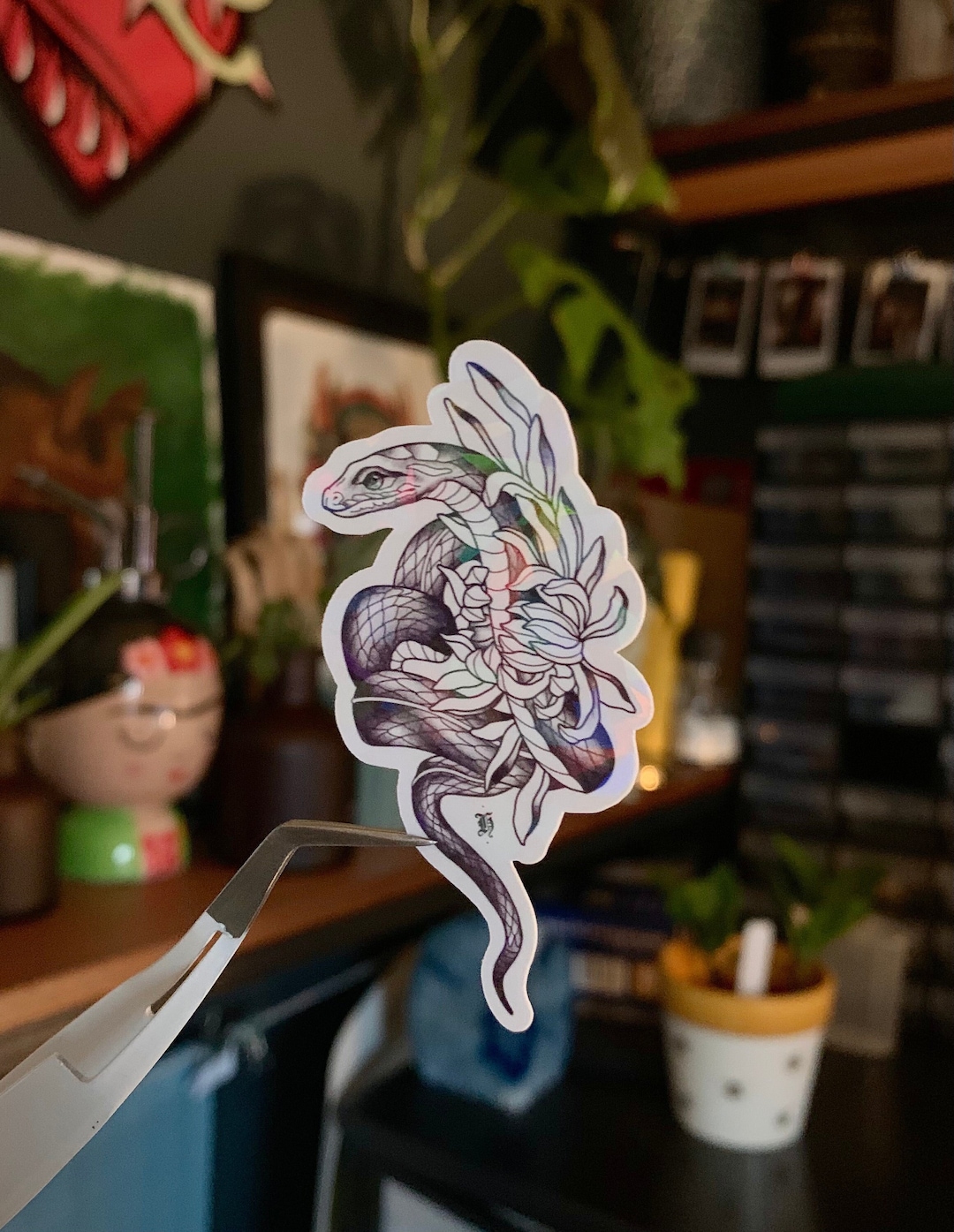 Holo Snake Sticker, Chrysanthemum, Tattoo Sticker, Holographic, Holographic Sticker, Traditional ...