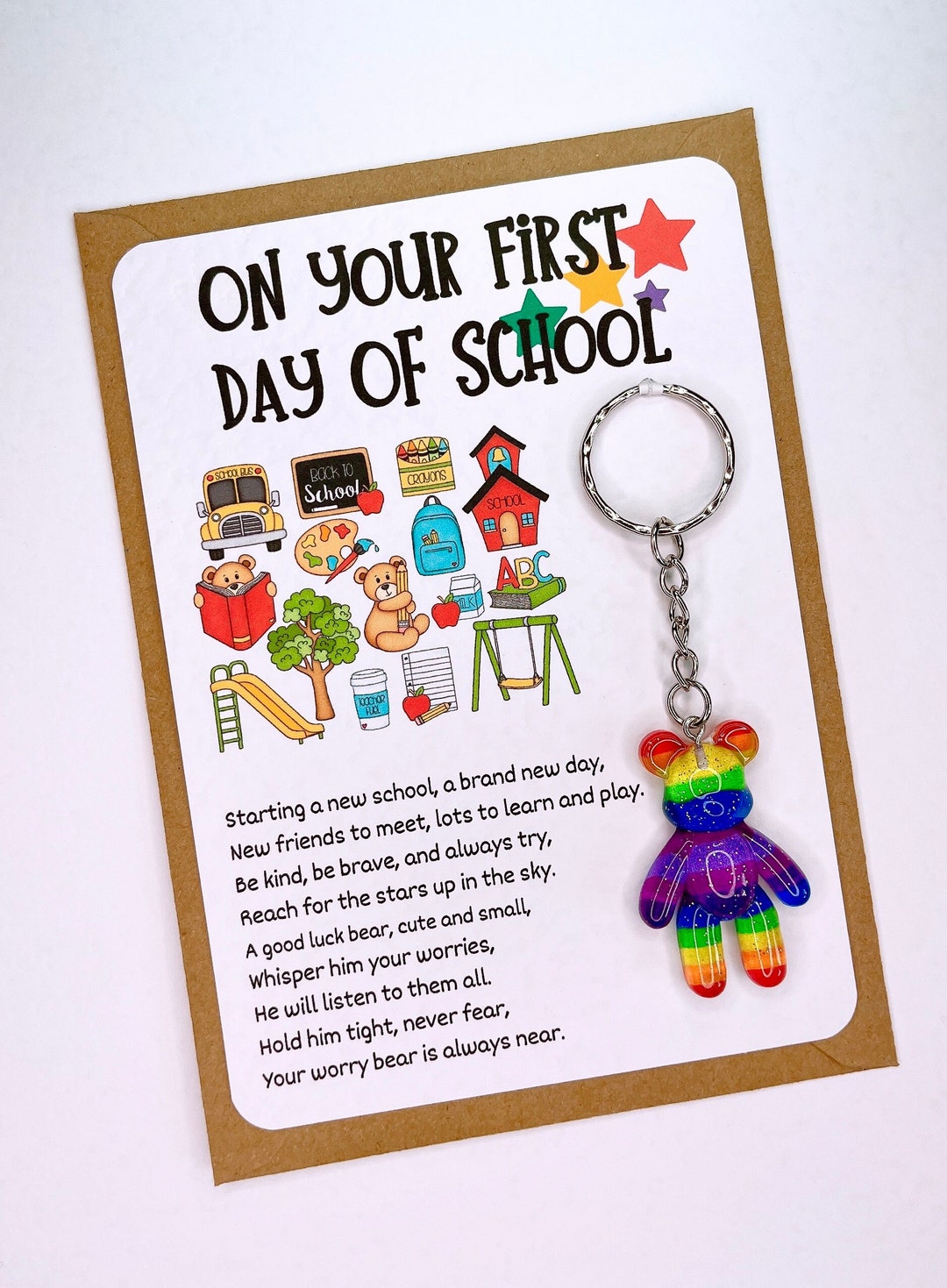 First 1st Day of Primary School Worry Bear Keyring, Back to School Gift ...