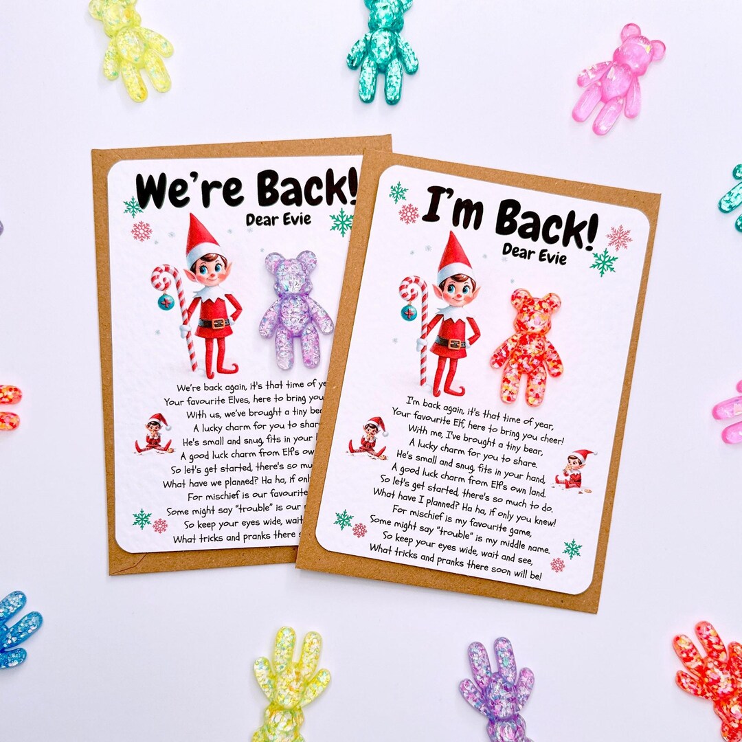 Personalised Elf Arrival Pocket Worry Bear Letter Card, I'm Back, We're ...