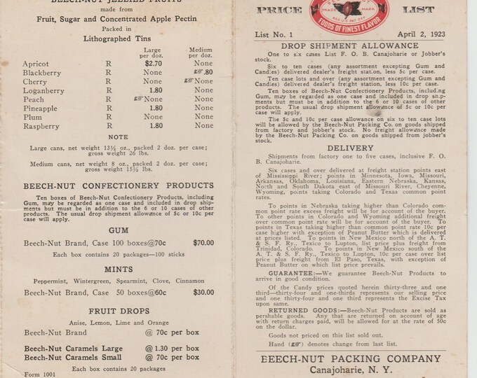 1923 Beech Nut Brands Price List Card - Etsy