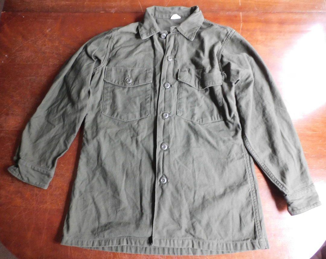1968 US Army OD Green Color Sateen Shirt 15 1/2 X 31 Size Vietnam War ...