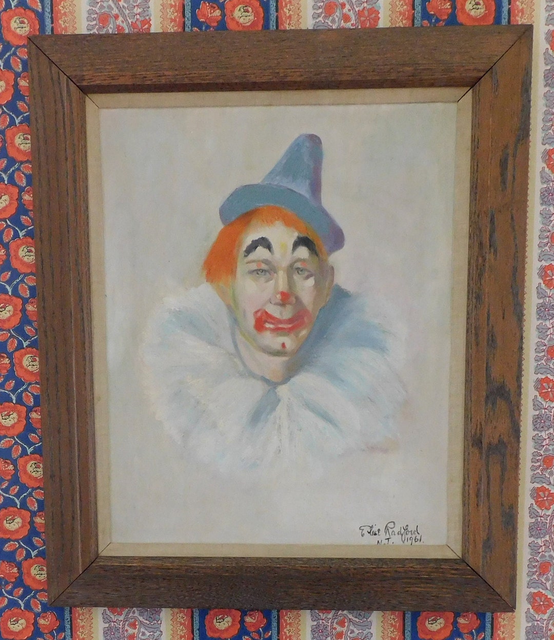 Creepy Circus Clown 1961 Colorful Oil on Canvas Signed Painting in ...