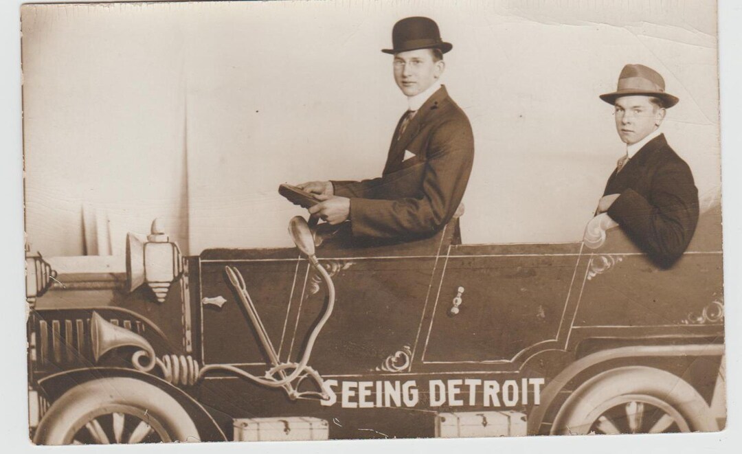 Men in Fake Car Seeing Detroit RPPC Postcard Cornell Studio Photo Circa ...