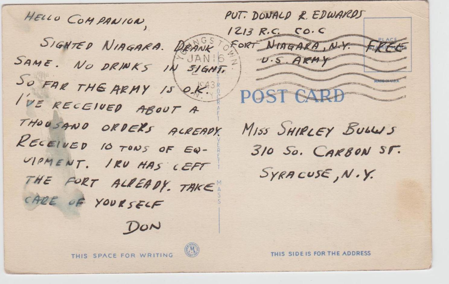 Two 1943 Postcards Mailed Free by Military Personal to Syracuse NY by ...