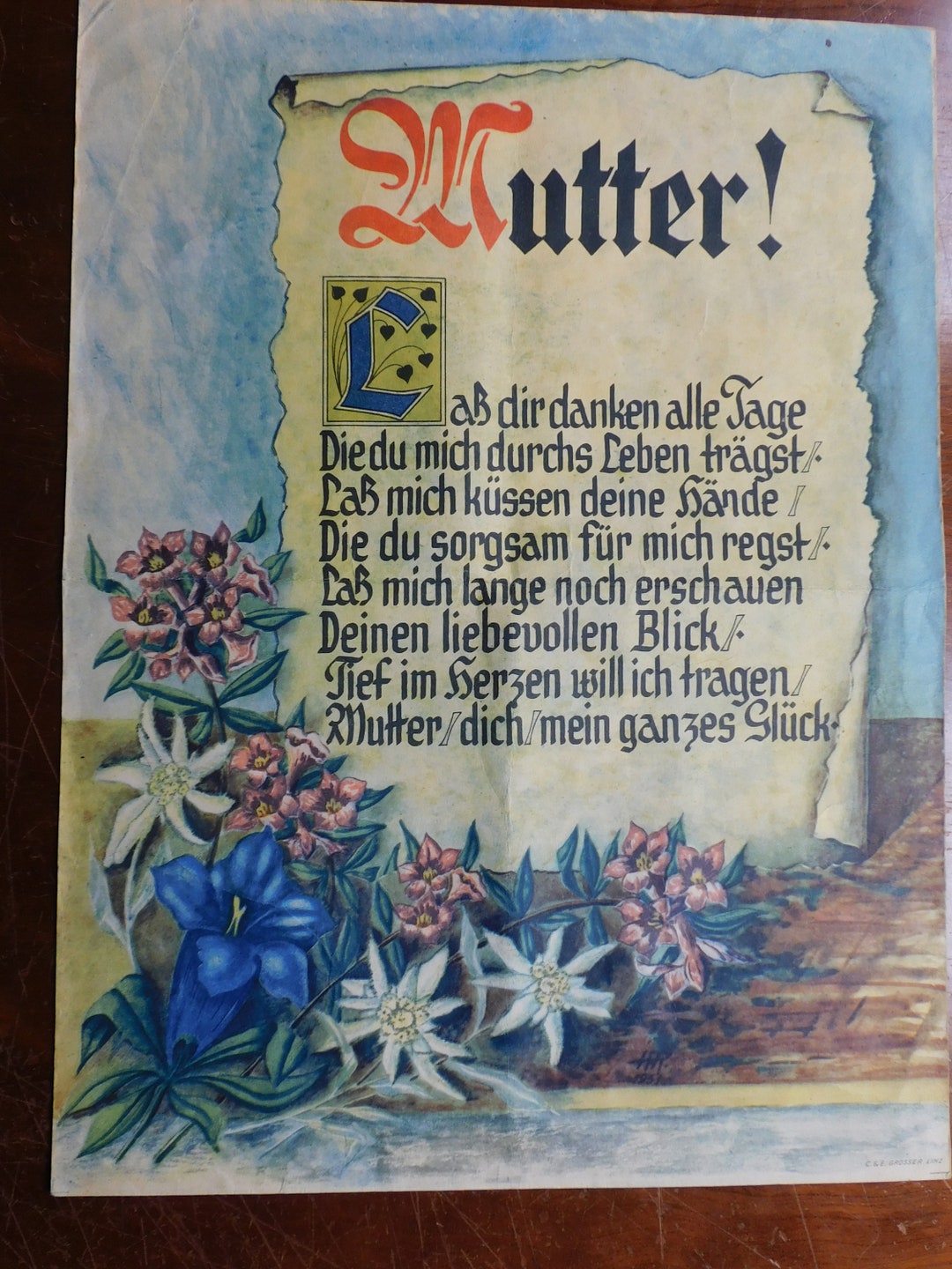 Vintage German Mother Lithograph Print Poster Great Colors Made by C E ...