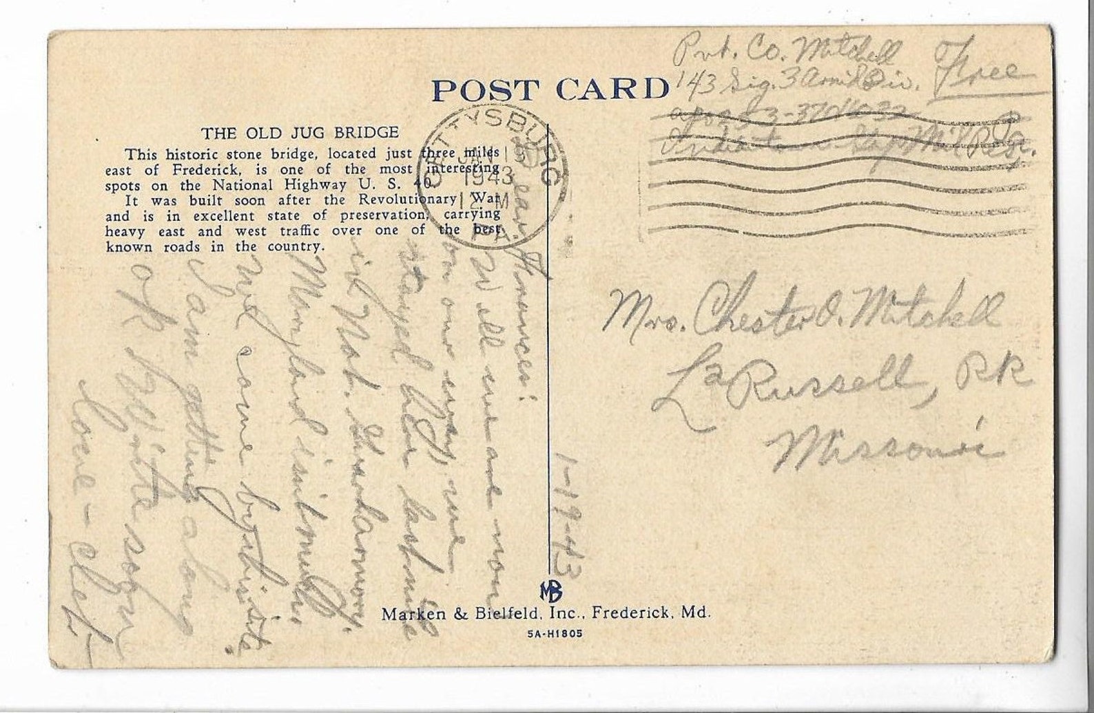 Five 1942 and 1943 Postcards Mailed by Soldier 143 Signal 3rd Armored ...