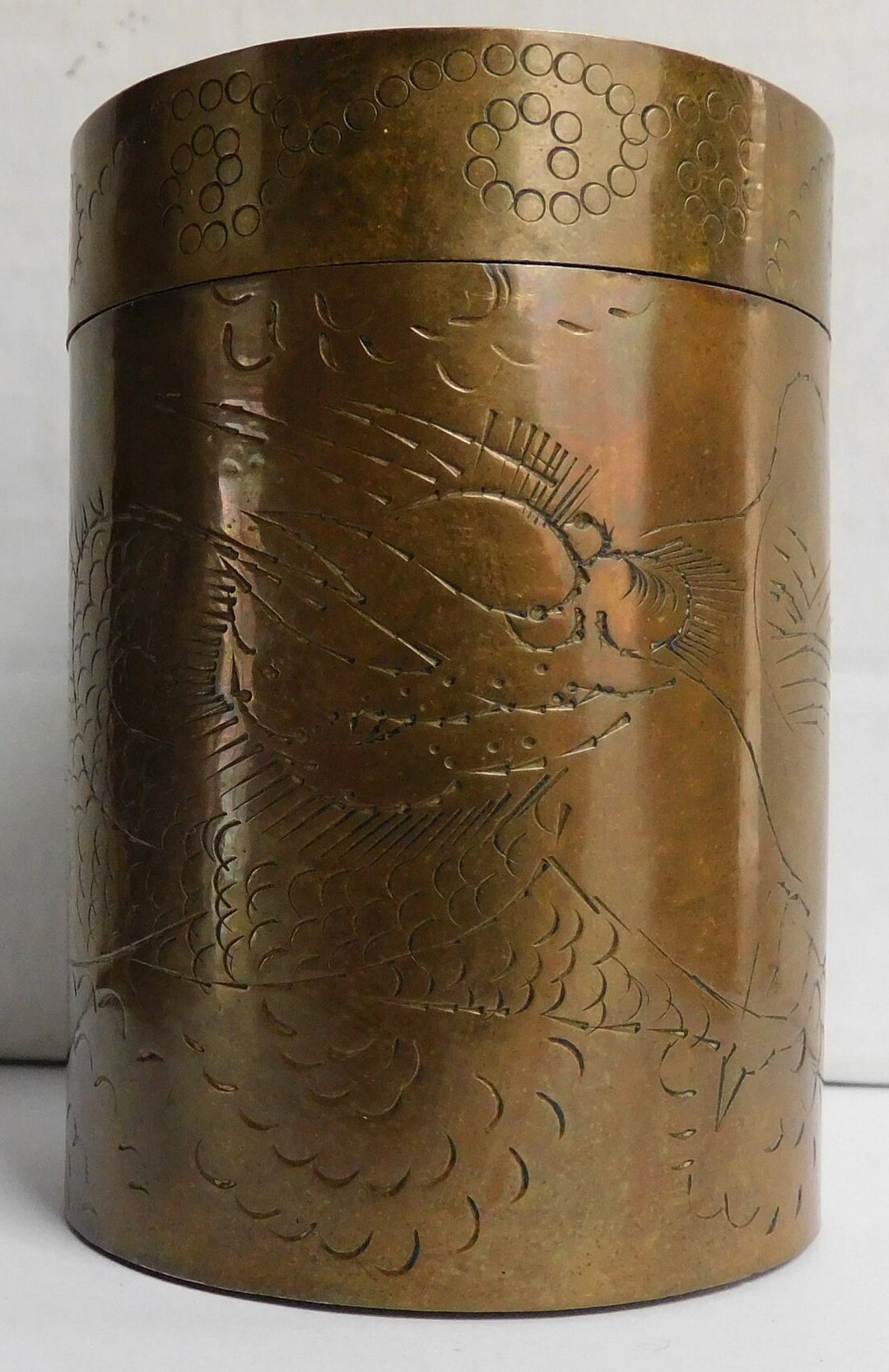 Vintage Cylinder Shaped Brass Container With Dragon Art - Etsy