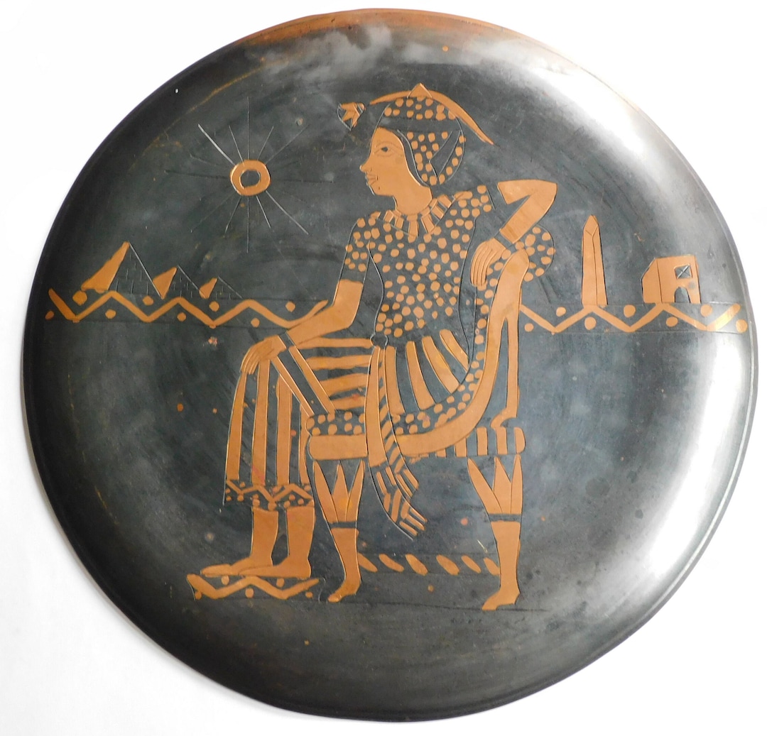 Round Vintage Etched Copper Egyptian Woman Three Pyramids Obelisk ...