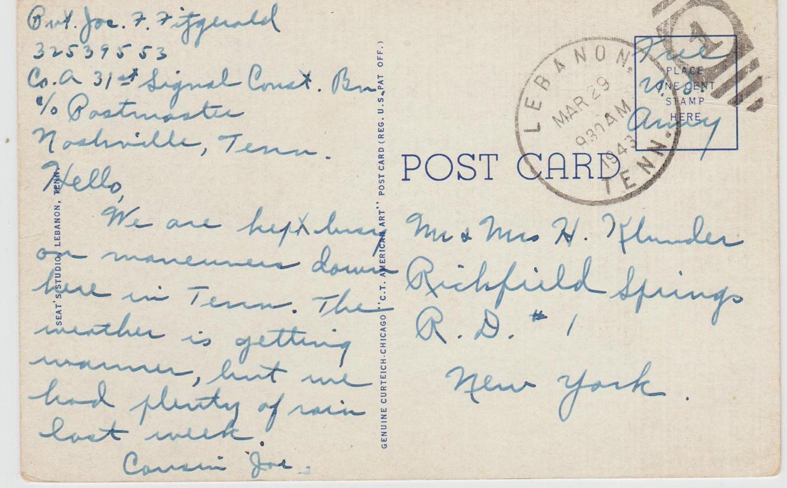 1943 Postcards Mailed Free to Richfield Springs NY - Etsy