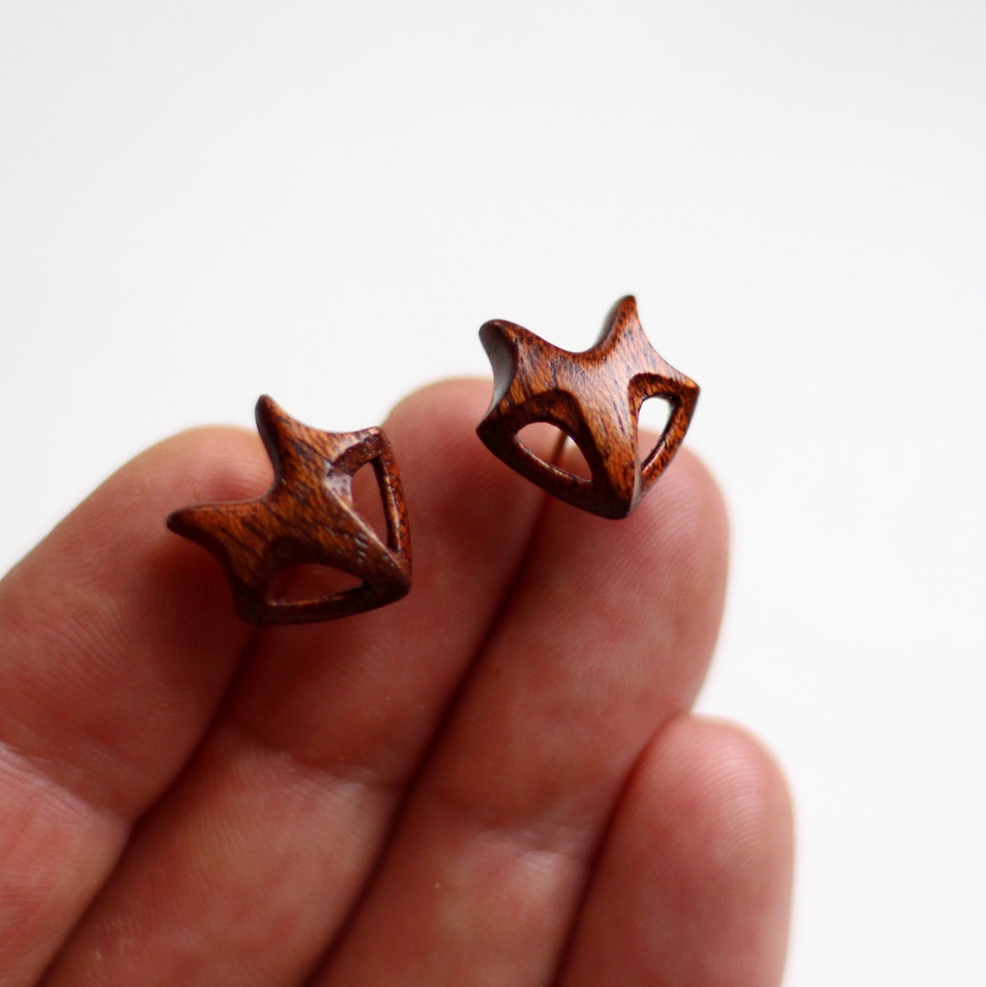 Small Wooden Fox Head Stud Earrings. Wood Carving Kitsune Jewelry. - Etsy