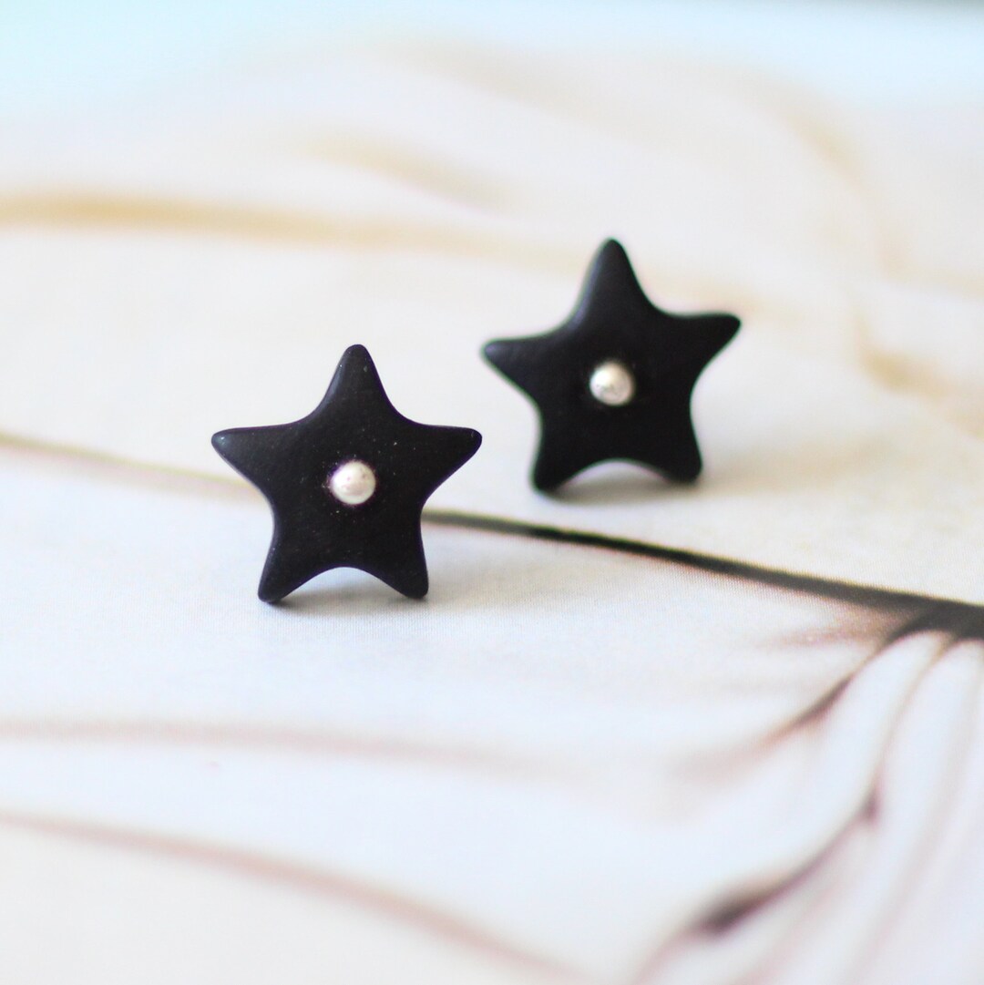 Wooden Tiny Black Star Silver Earrings Stud. Ebony Small - Etsy