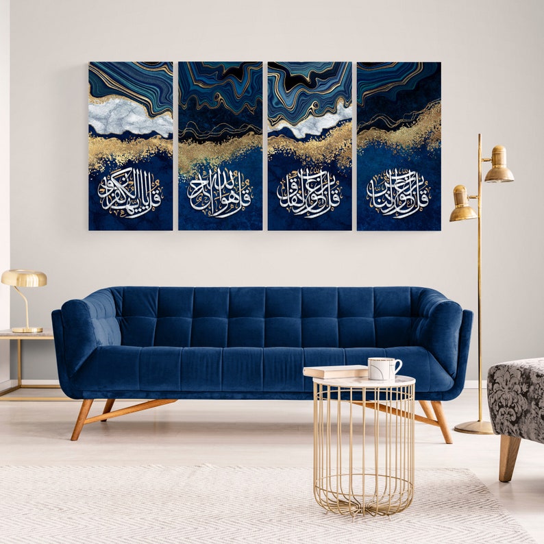 4 Qul Surahs Islamic Wall Art Abstract Blue and Gold Canvas - Etsy