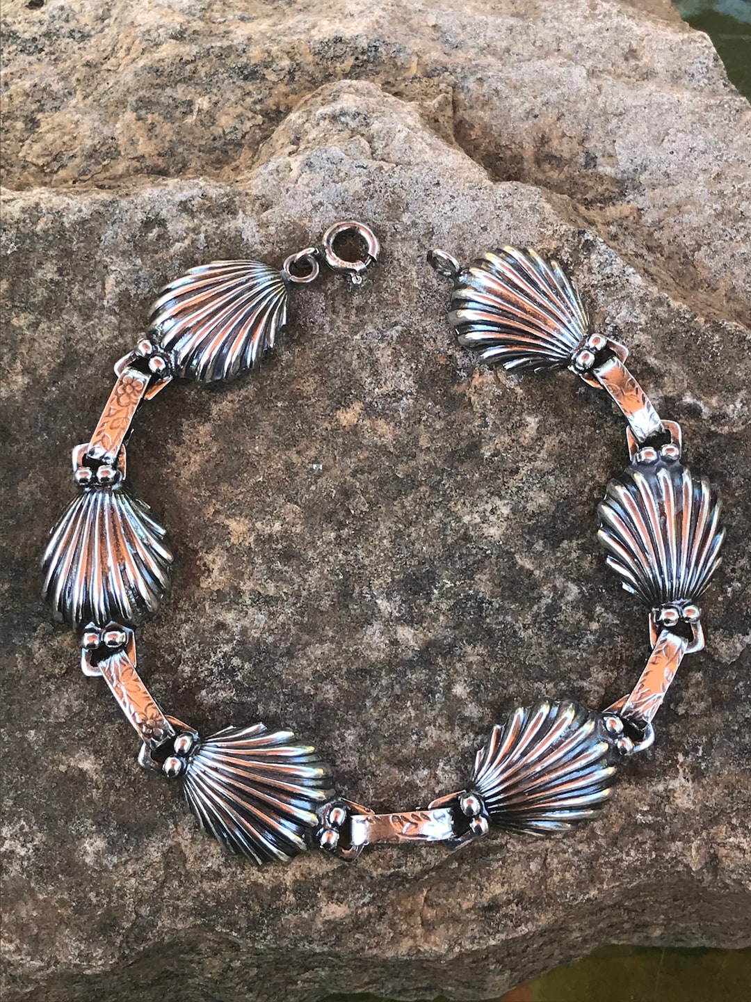 Vintage Sterling Silver Shell Bracelet - 8" Chain Link - Etsy