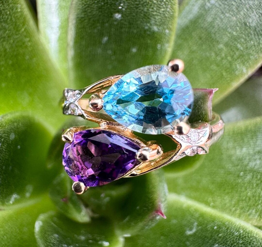 Vintage, 14K Gold, 585, Blue Topaz and Purple Amethyst Ring, Size 7, 2. ...