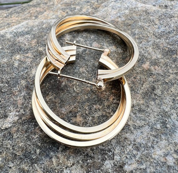 Vintage, 14K Gold, Hollow Three Ring Hoop Earrings, T… - Gem