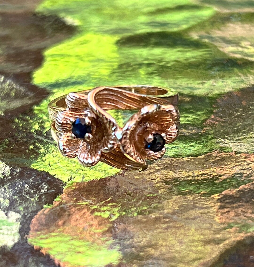 Vintage, 14K Gold, Dark Blue Topaz, Flower Ring, Size 5 1/4, 5.75 Grams ...
