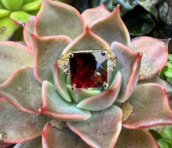 Vintage, 14K Gold, Garnet Ring With Diamonds, EMA, Si… - Gem