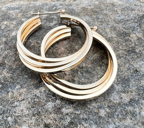 Vintage, 14K Gold, Hollow Three Ring Hoop Earrings, T… - Gem