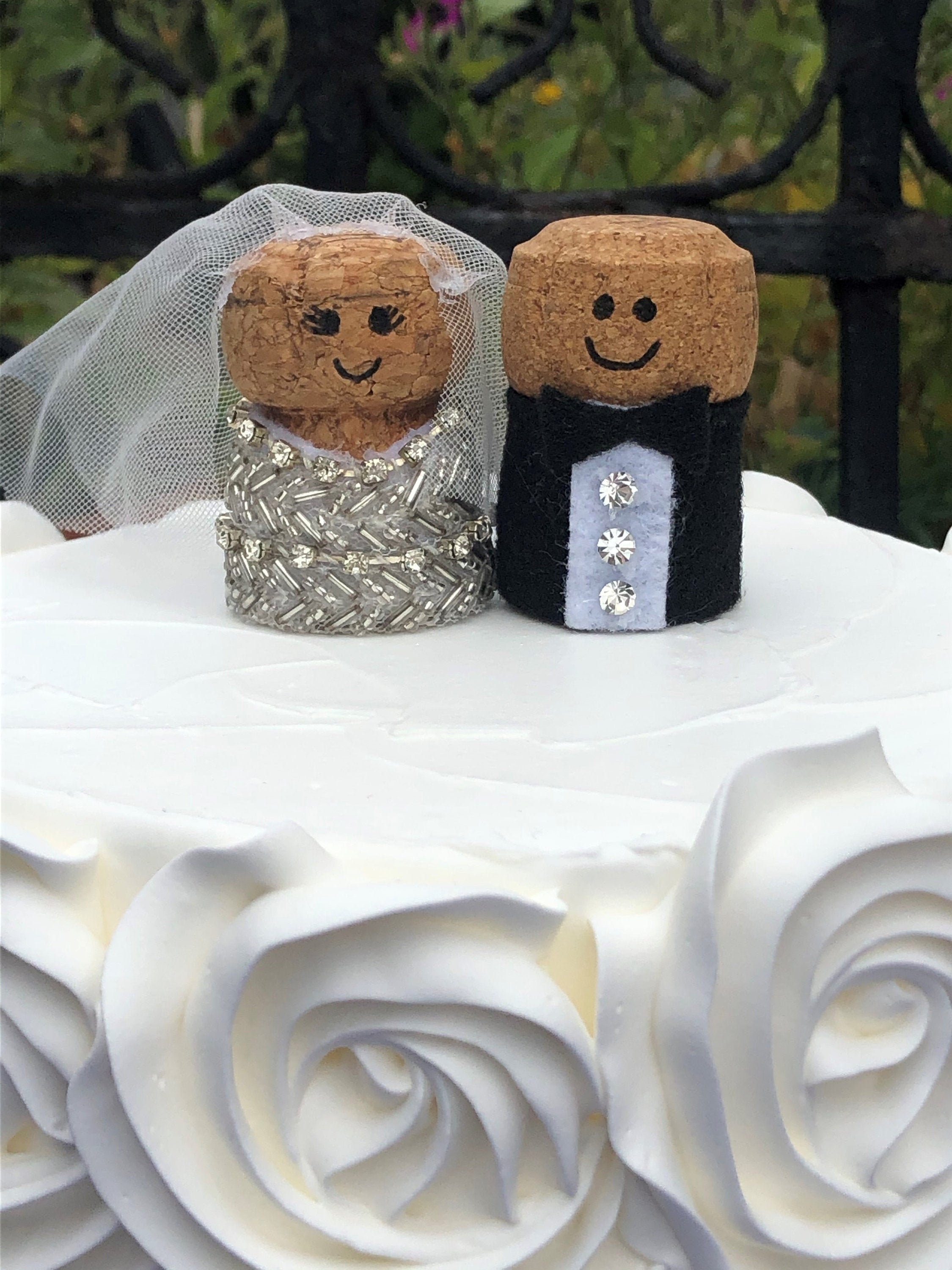 Champagne Wine Cork Wedding Cake Toppers Beaded Bride & Groom - Etsy