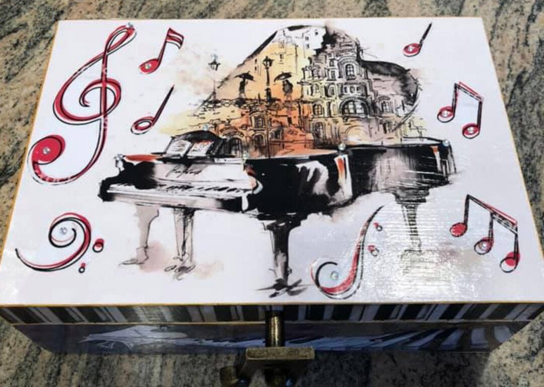Modern GRAND PIANO Artistic Decoupage Wooden Storage Jewelry Box With ...