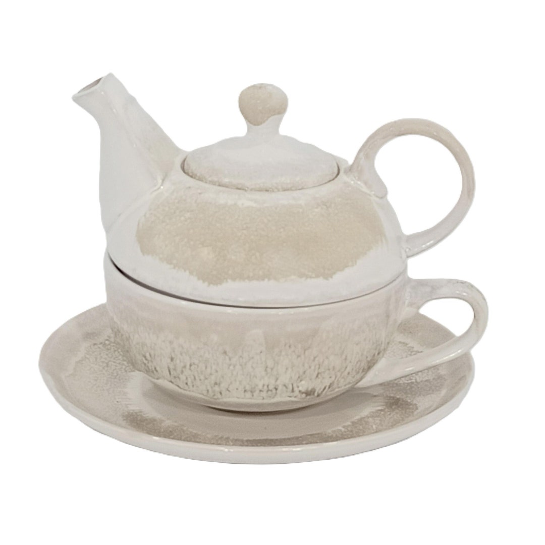 Teapot Teacup Saucer Set Stackable Ivory Ceramic Single Serve Stackable ...