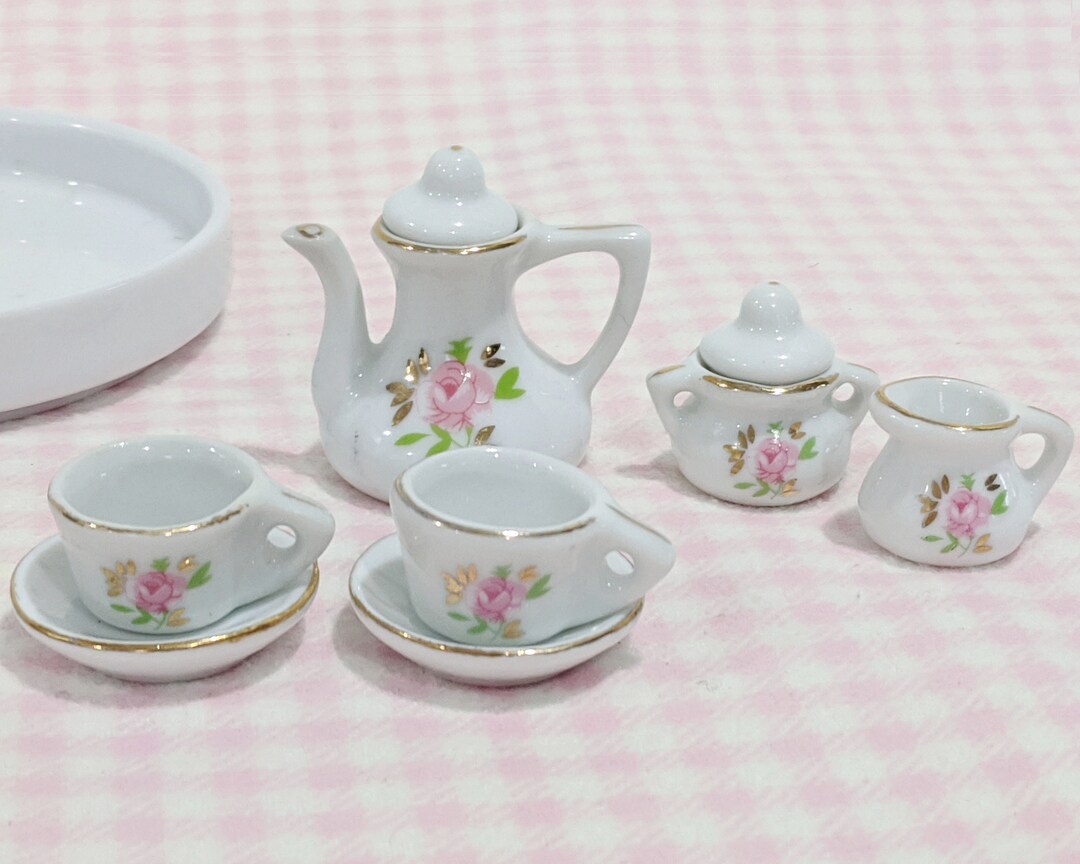 Tea Set Miniature White Porcelain Gold Trim Tea Set Pink Roses Vintage ...