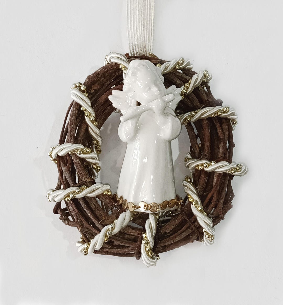 Ornament Angel White Gold Angel Wall Hanging Small Grapevine Wreath ...
