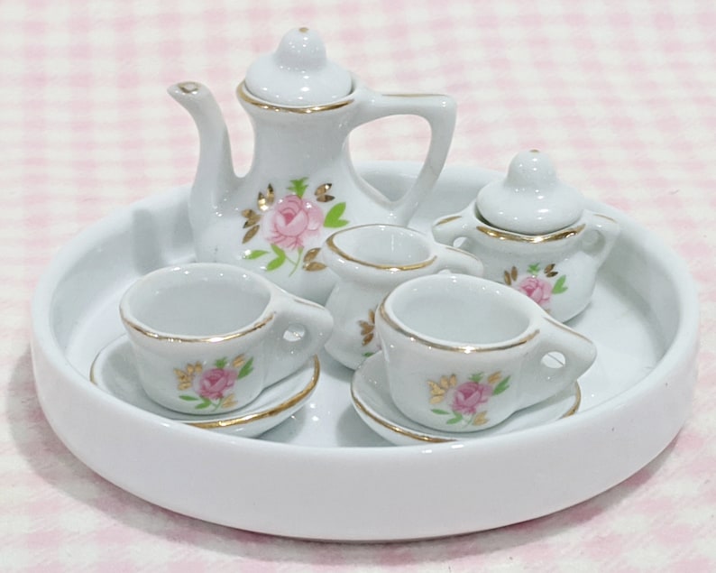 Tea Set Miniature White Porcelain Gold Trim Tea Set Pink Roses Vintage ...