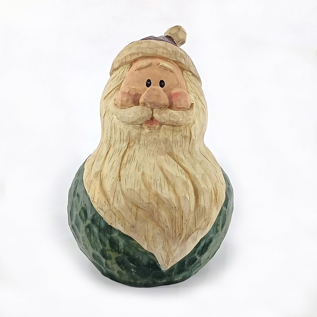 Santa Claus Wood Primitive Statue Santa Green Vintage Round Resin ...