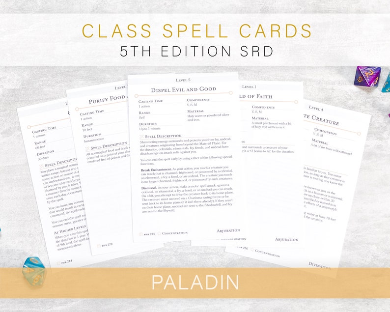 Paladin Spell Cards 5e Basic Rules Level 1 to Level 5 | Etsy