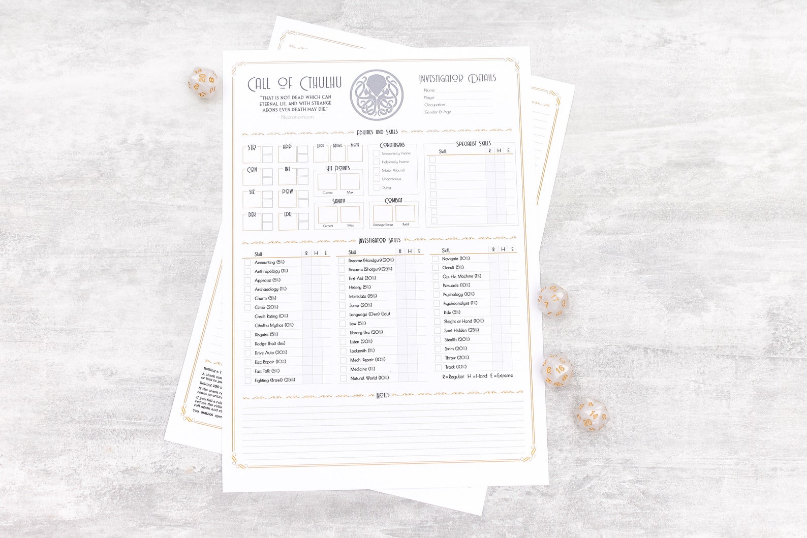 Call of Cthulhu Character Sheet 7th Edition Fillable PDF - Etsy