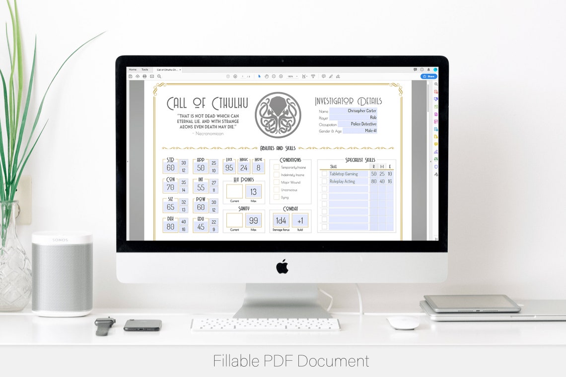 Call of Cthulhu Character Sheet 7th Edition Fillable PDF - Etsy Hong Kong