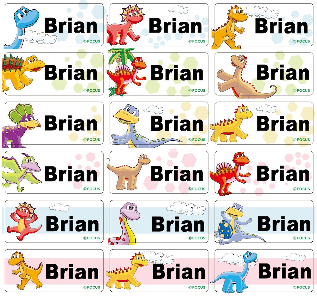 Dinosaurs - 60 Personalized Name Stickers, Water Proof, Dish Washer ...